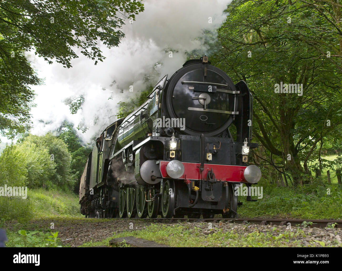 Steam engine pulling a train up a steep Cornish incline, England, UK ...