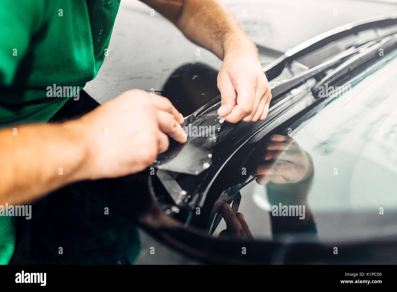 Worker hands installs car paint protection film on hood. Transparent ...