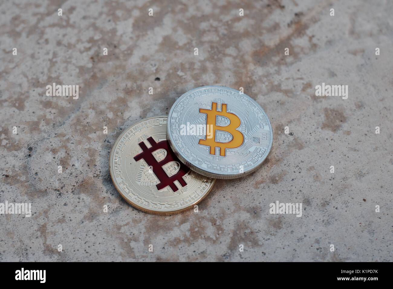 Digital currency physical gold red bitcoin coin. Outdoor money concept ...
