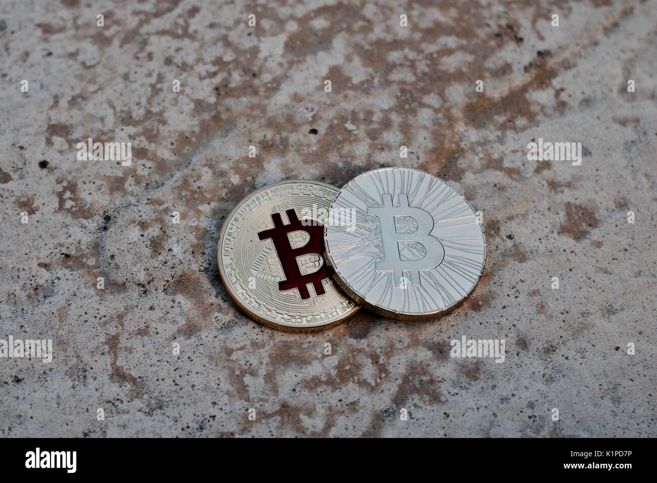 Digital currency physical gold red bitcoin coin. Outdoor money concept ...