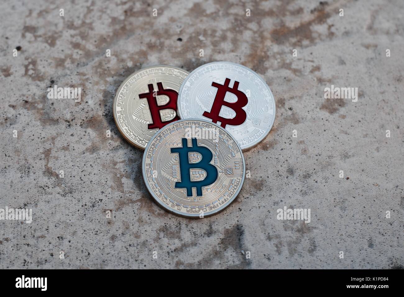 Digital currency physical gold red bitcoin coin. Outdoor money concept ...