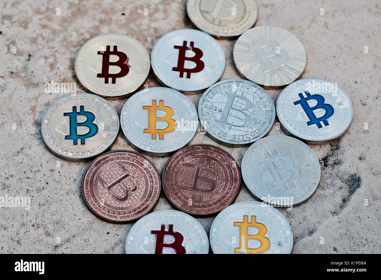 Digital currency physical gold red bitcoin coin. Outdoor money concept ...