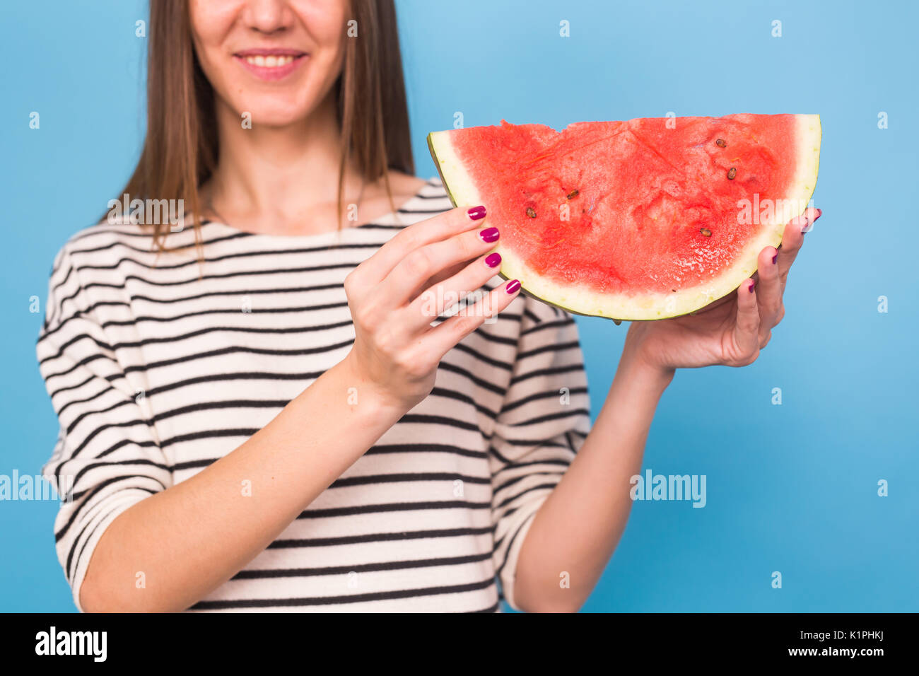 Summer, vacation, diet and vegans concept - Beautiful smiling young ...