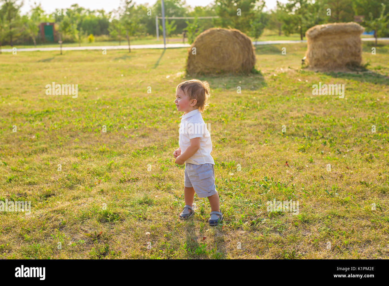 smiling boy in the field at sunny summer morning. boy in white shirt ...