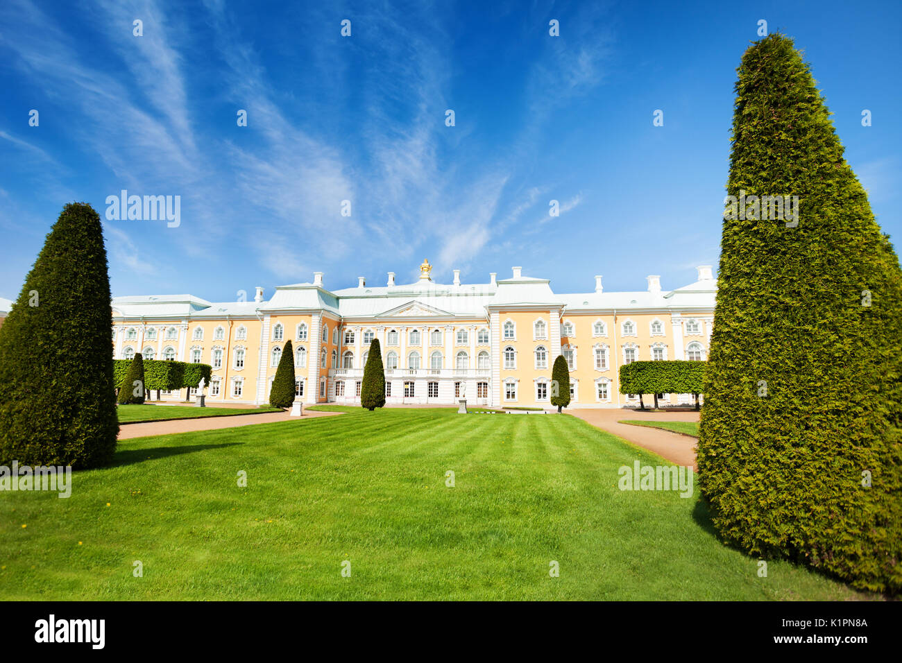 Beautiful view of the Peterhof Palace building at at sunny day, Russia ...