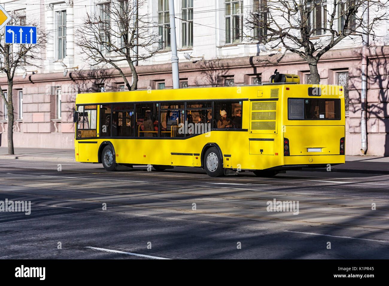 Minsk, Belarus - 27.03.2017: A passenger bus is moving along the city ...