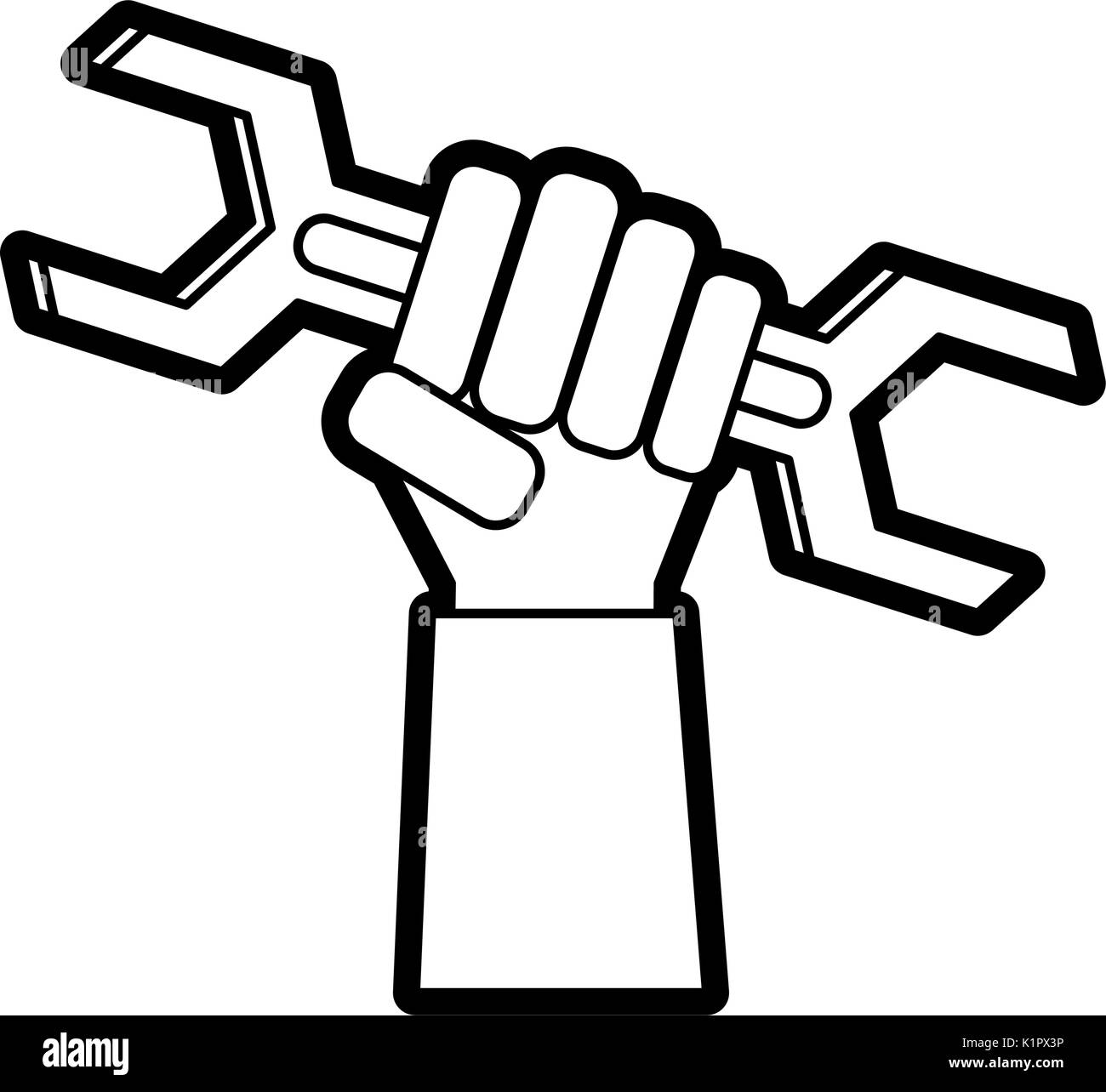 Flat line uncolored hand and wrench over white background vector ...