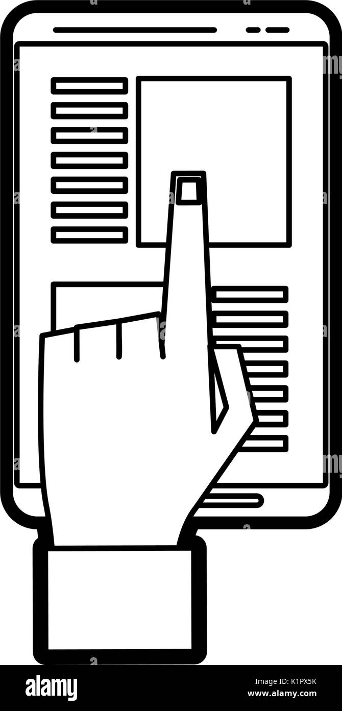 Flat line uncolored hand and smarphone over white background vector ...