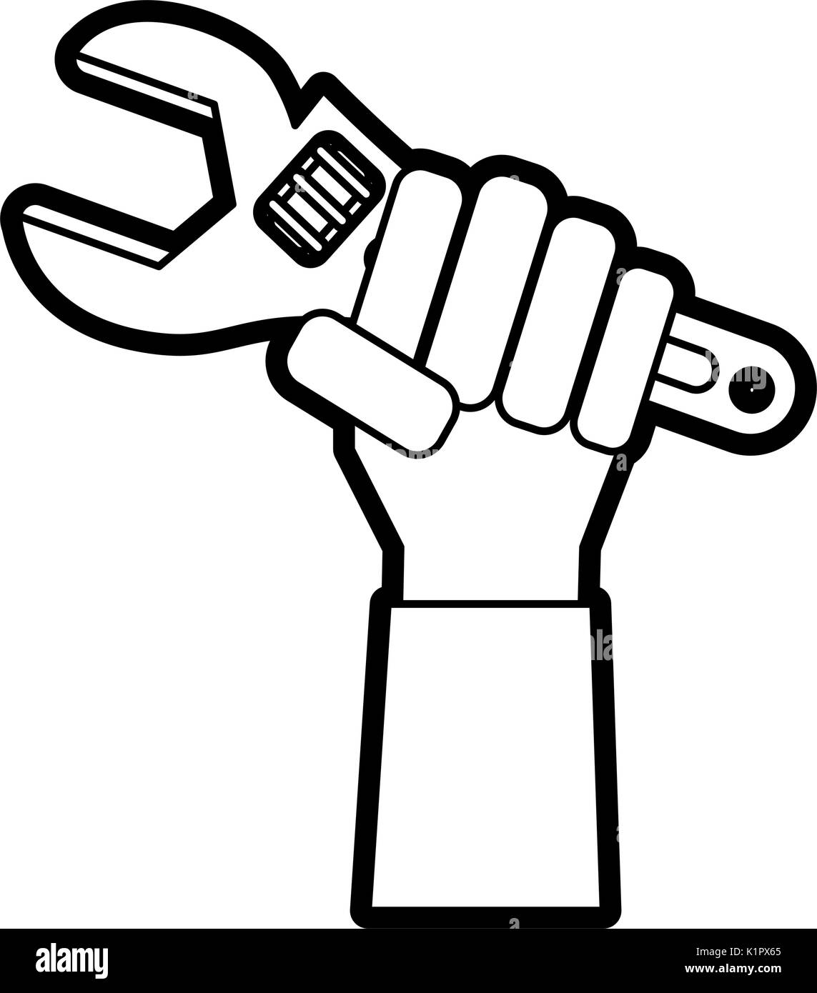 Flat line hand and wrench uncolored over white background vector ...
