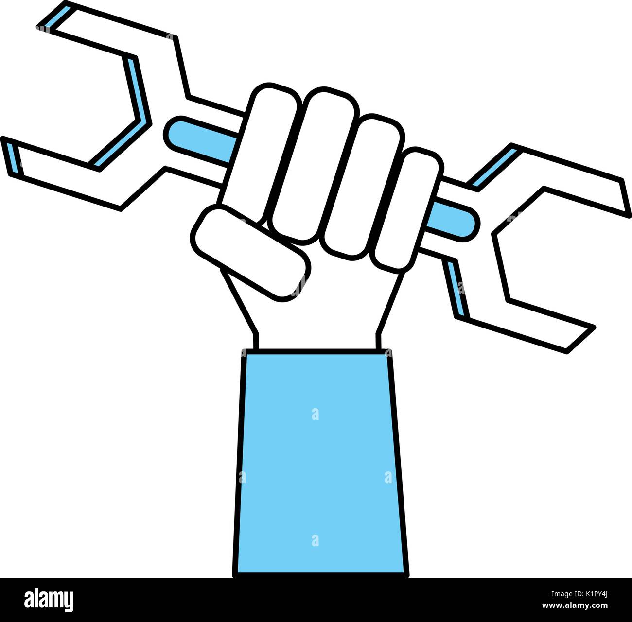 Flat line monocromatic hand and wrench over white background vector ...
