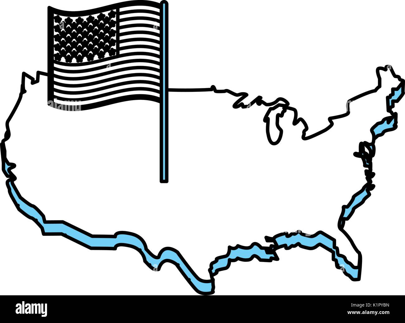 Flat line monocromatic united states map over white background vector ...