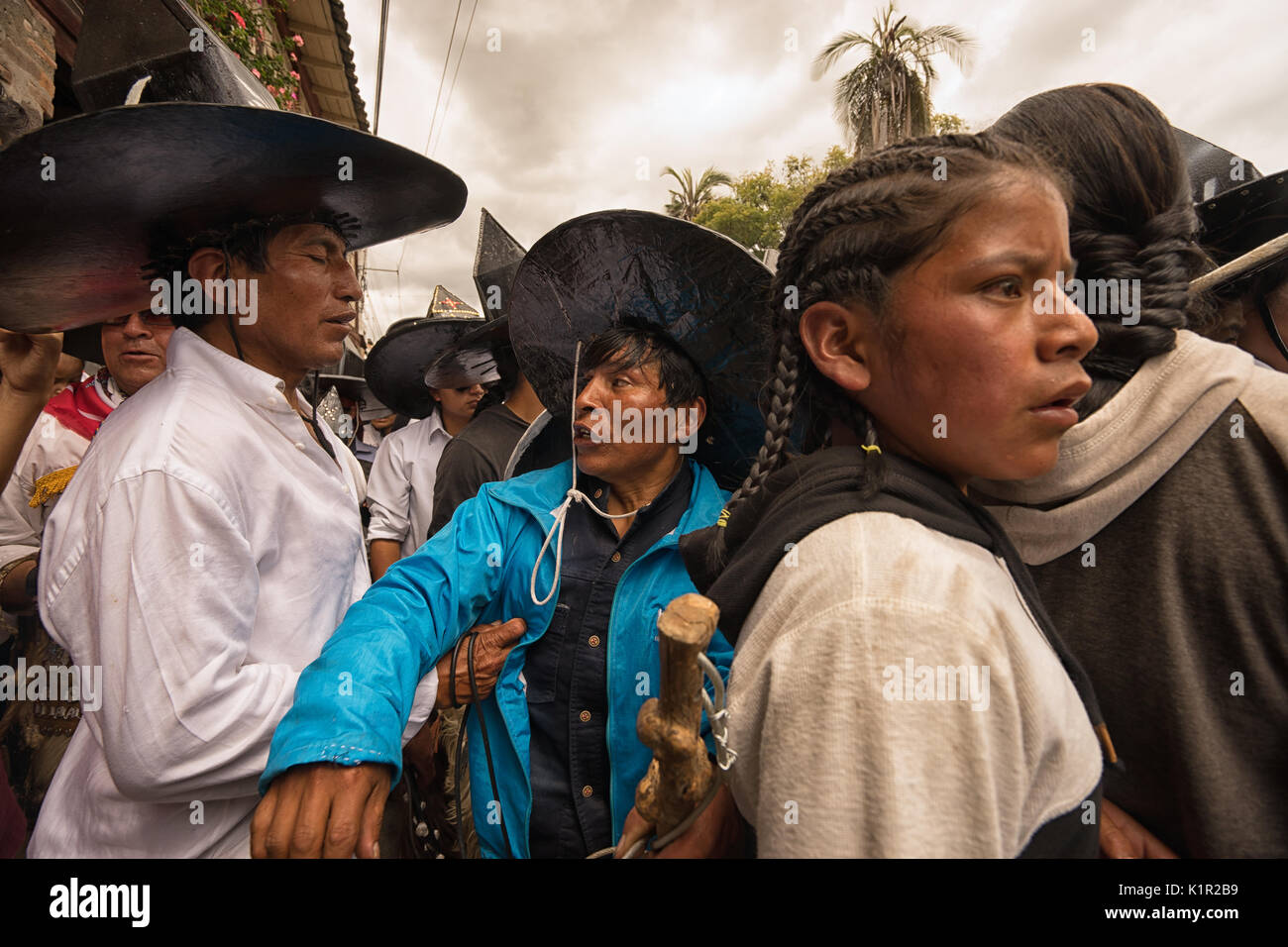 June 24, 2017 Cotacachi, Ecuador: closeup of indigenous kichwa men ...