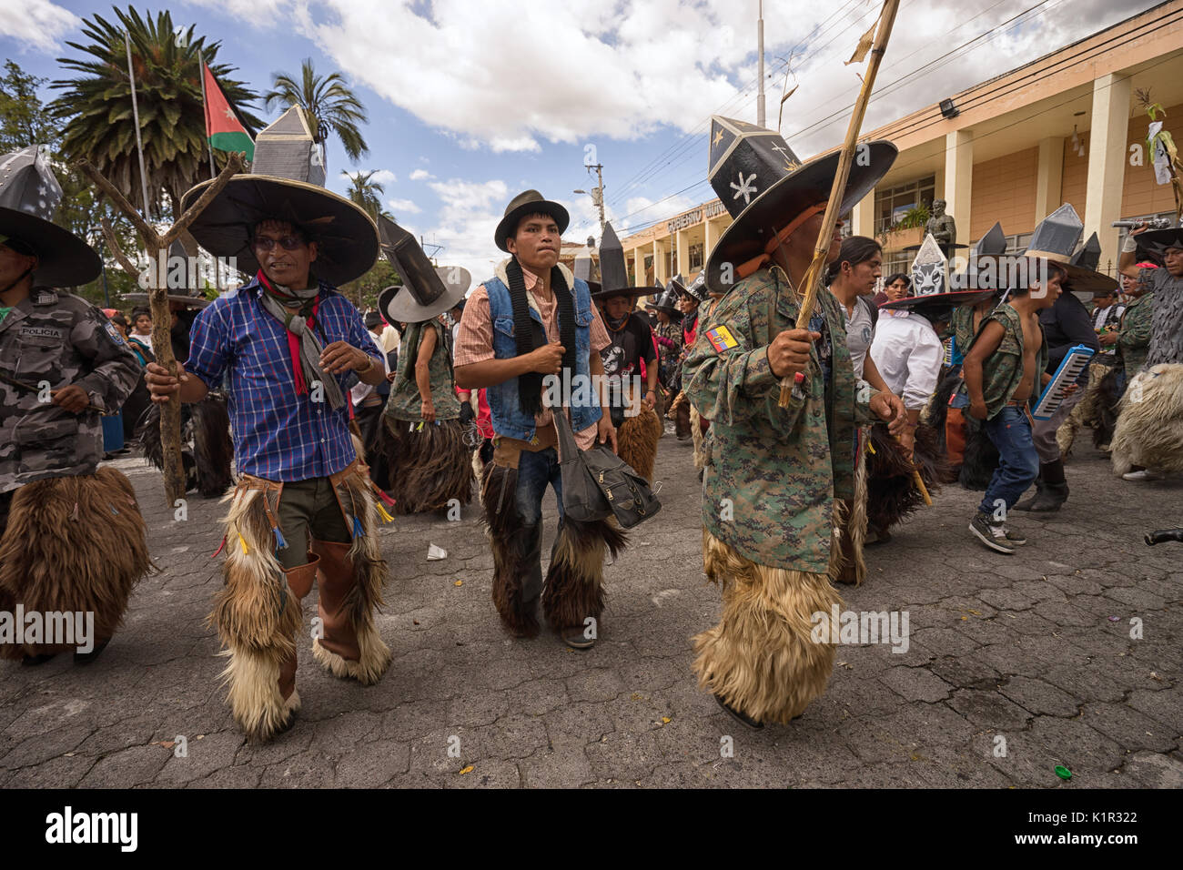 June 24, 2017 Cotacachi, Ecuador: a group of indigenous kichwa men ...