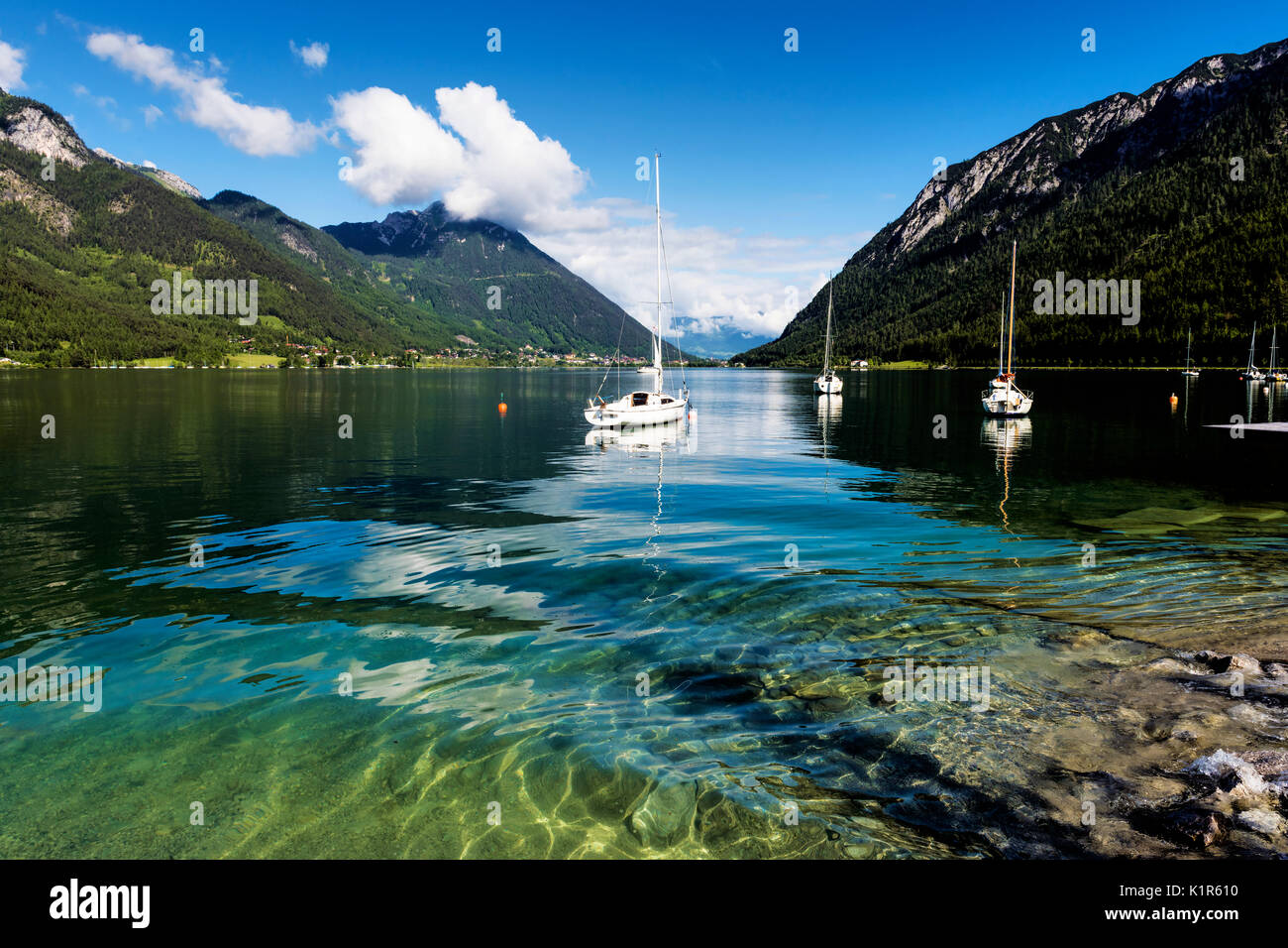 The Karwendel Cable Car above the beautiful Lake Achen. The highest ...