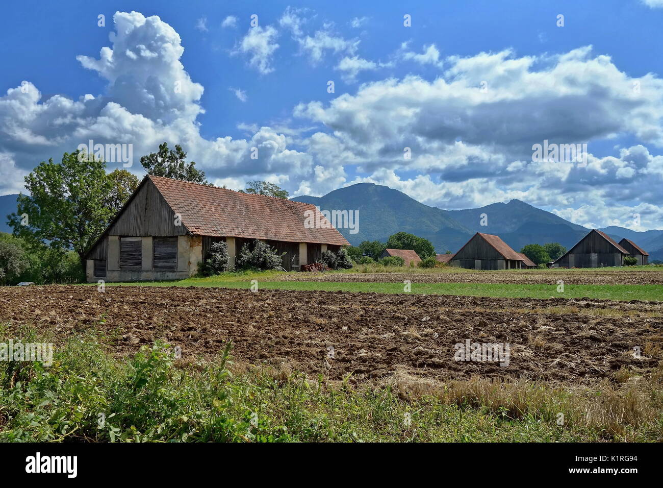Traditional barns in Turiec region, country Slovakia, Europe. In the ...