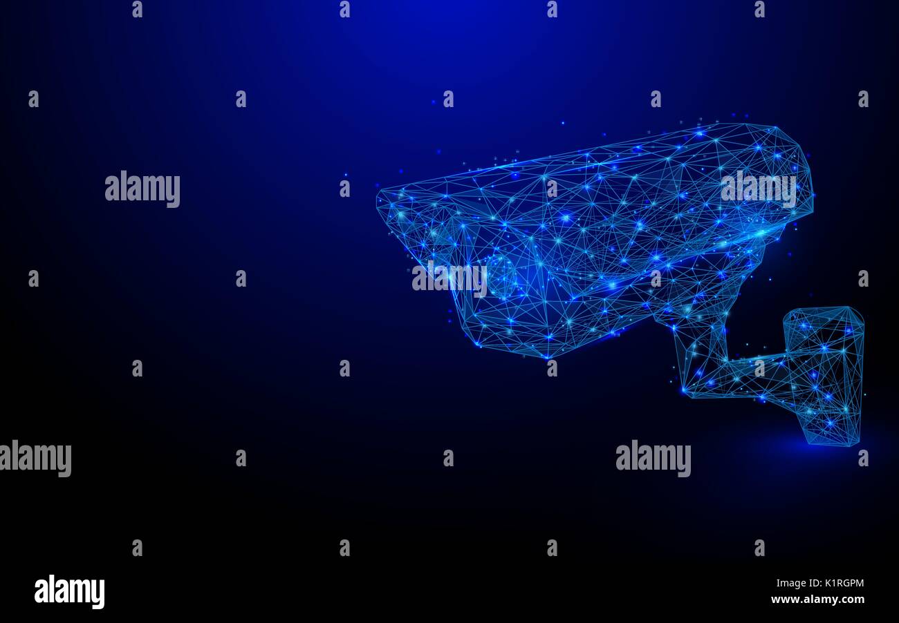 Low polygon CCTV security camera wireframe mesh on blue background ...