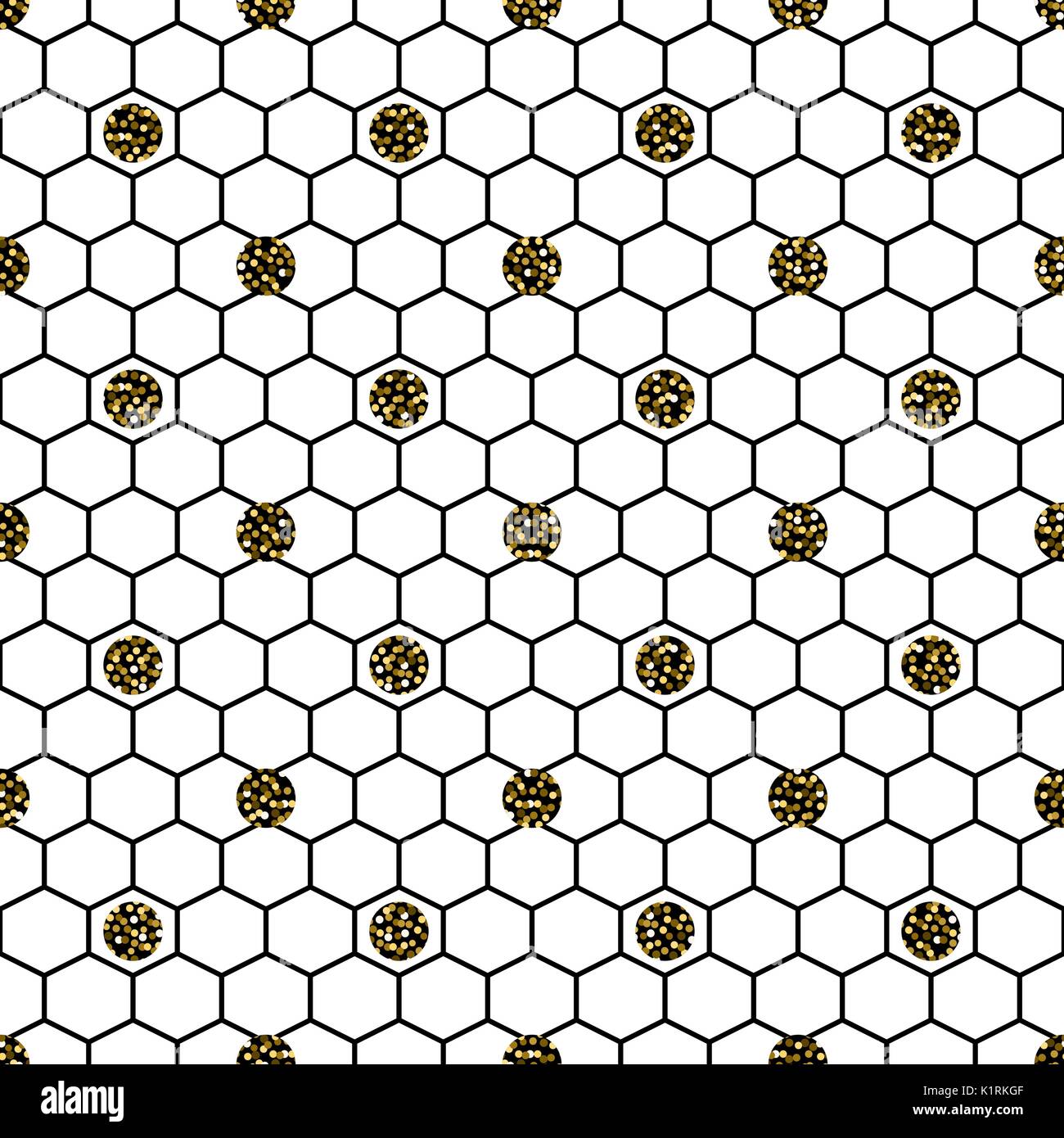 Hexagon grid cells with glitter polka vector seamless pattern Stock ...