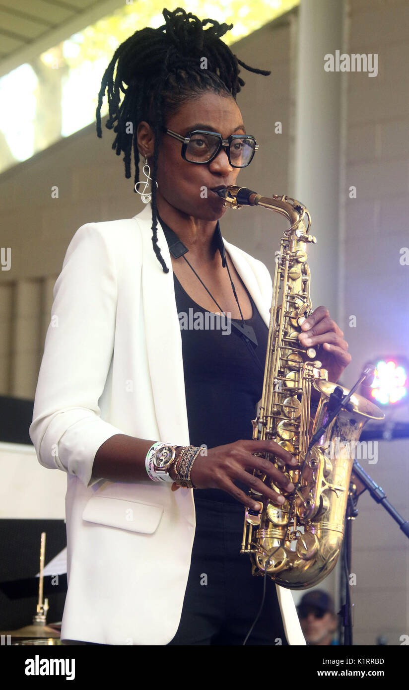 New York, New York, USA. 26th Aug, 2017. Jazz saxophonist LAKECIA ...