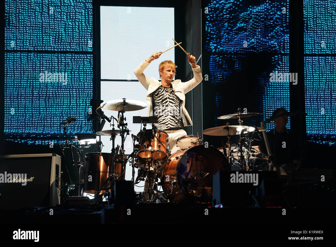 Reading, UK. 27th Aug, 2017. Dominic Howard of Muse performing in the ...