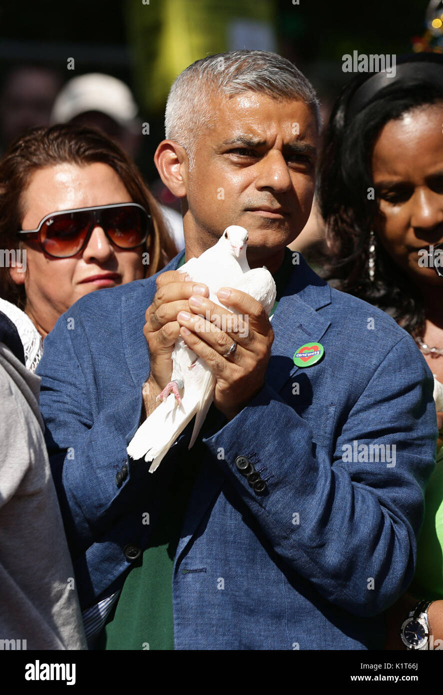 Mayor of London Sadiq Khan takes part in a release of doves as a show ...