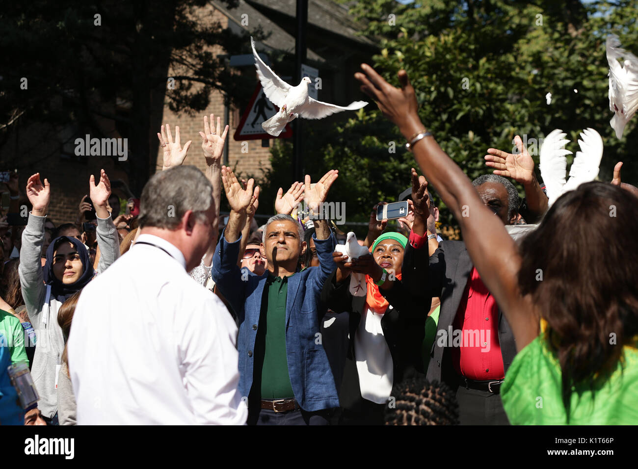 Mayor of London Sadiq Khan takes part in a release of doves as a show ...