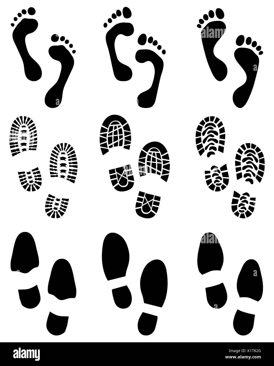 Black prints of human feet and shoes on a white background Stock Photo ...