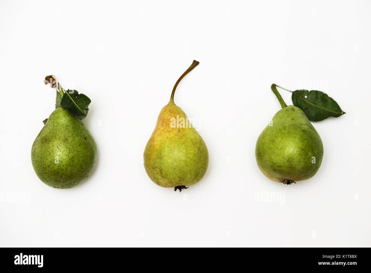 Three ripe green pears with a sprig lying in a row isolated on a white ...