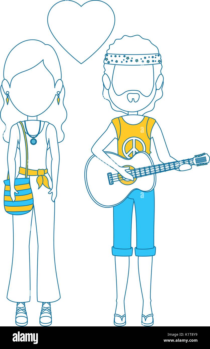 couple hippie with heart icon over white background style concept ...