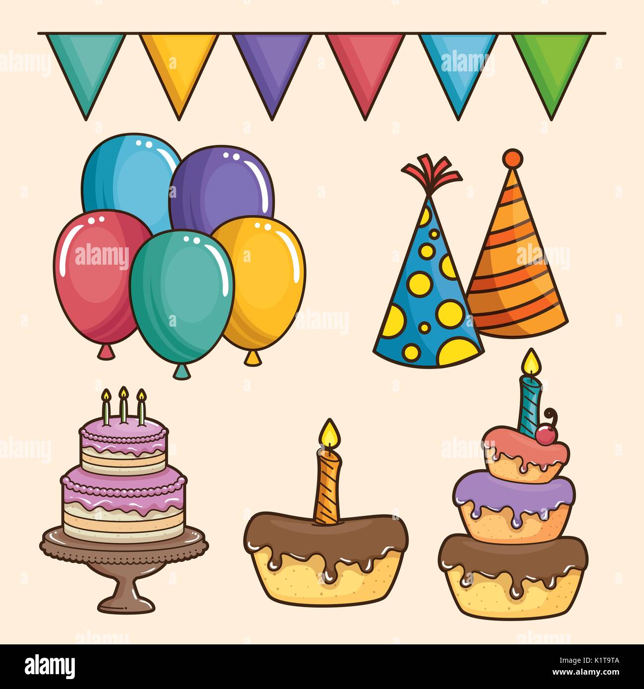 Cake balloons pennant and party hat of Happy birthday and celebration ...