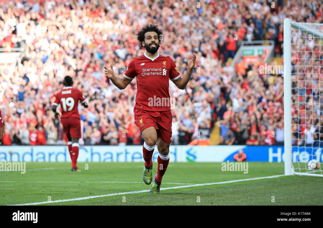 Liverpool's Mohamed Salah celebrates scoring his side's third goal of ...