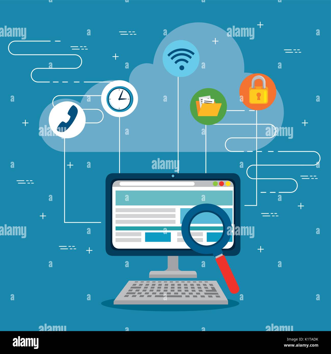 Computer and lupe of Cloud computing and services theme Vector ...