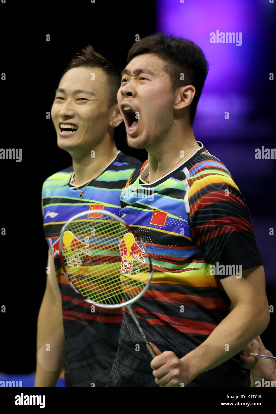 China's Liu Cheng (right) and Zhang Nan react after winning gold during ...