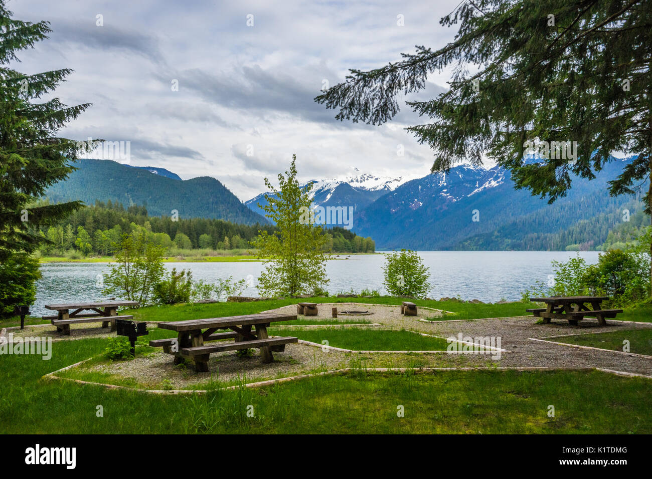 Picnic tables at a campground in Baker Lake, Mount Baker-Snoqualmie ...