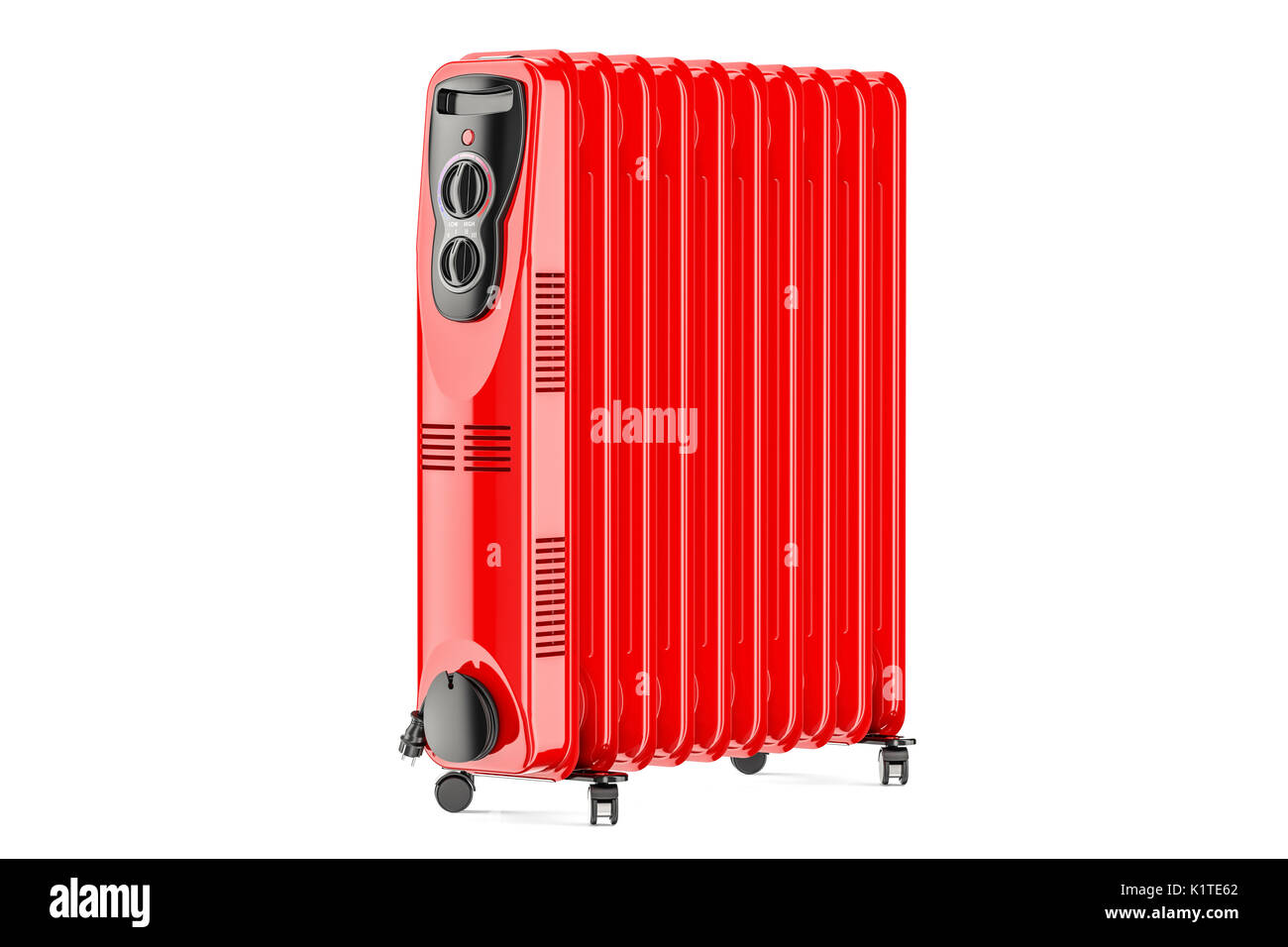 Red electric oil heater, oil-filled radiator. 3D rendering isolated on ...