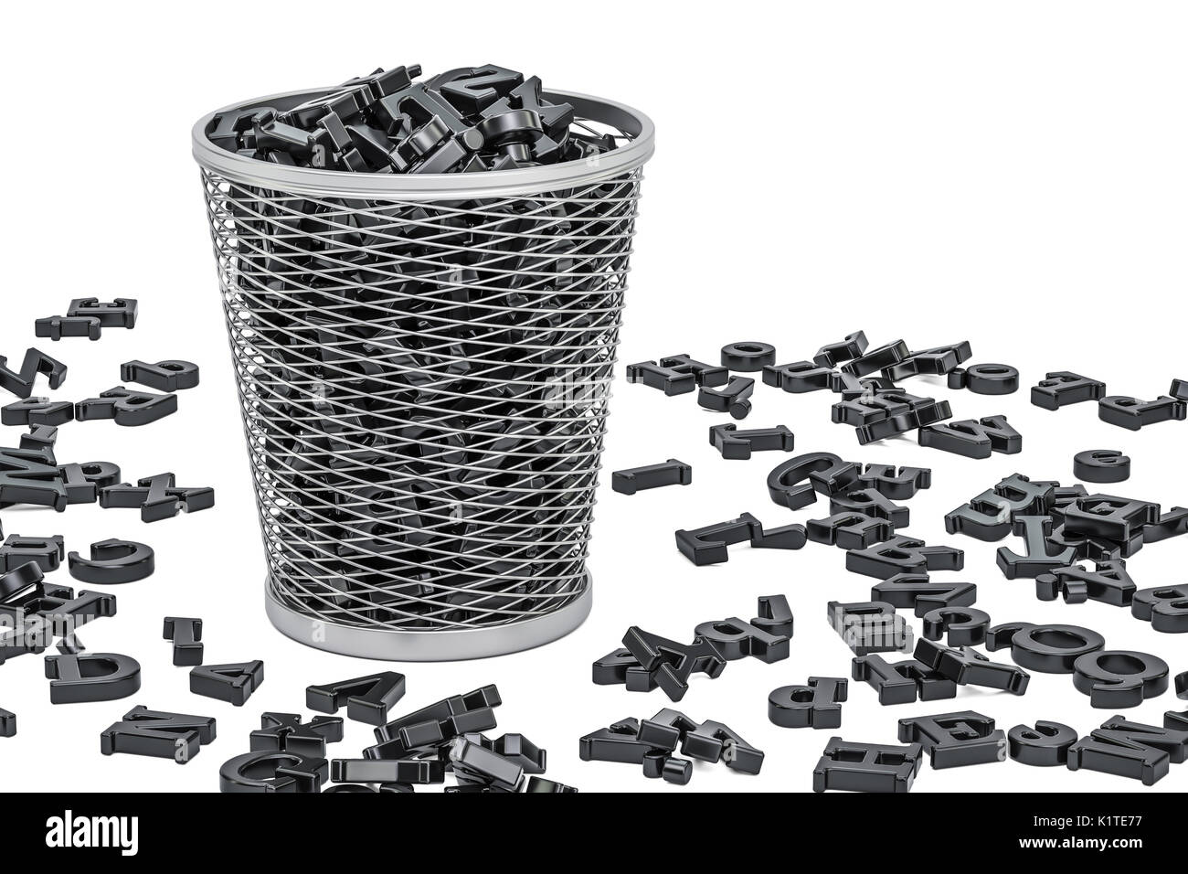 Trash bin full of red letters, 3D rendering isolated on white ...