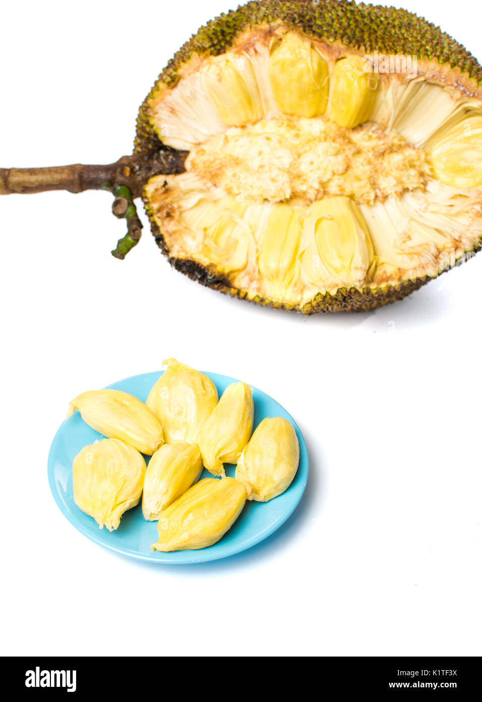 Jackfruit pieces on a blue plate isolated on white background Stock ...