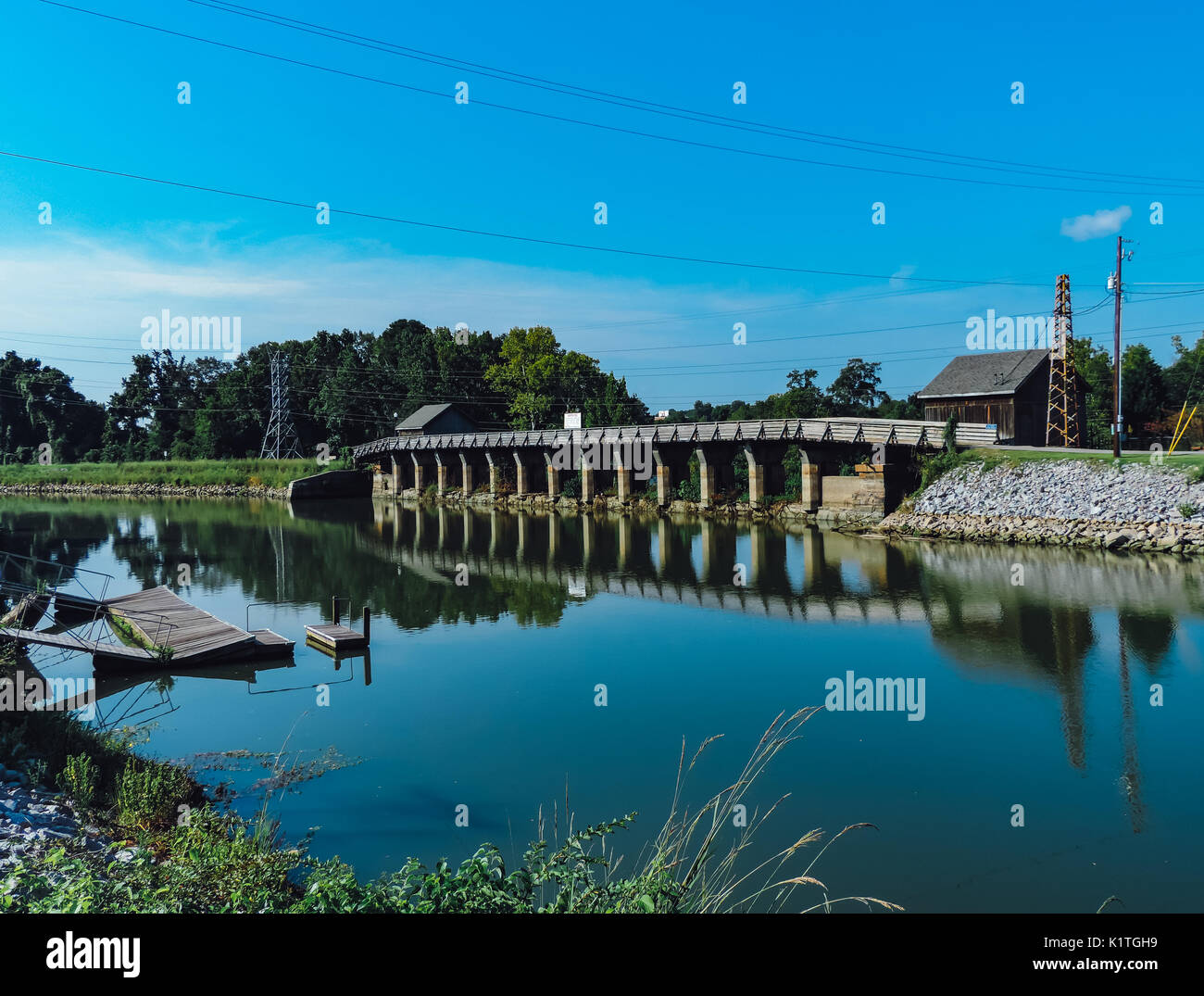 bridge reflecting on the water on a clear summer day Stock Photo - Alamy