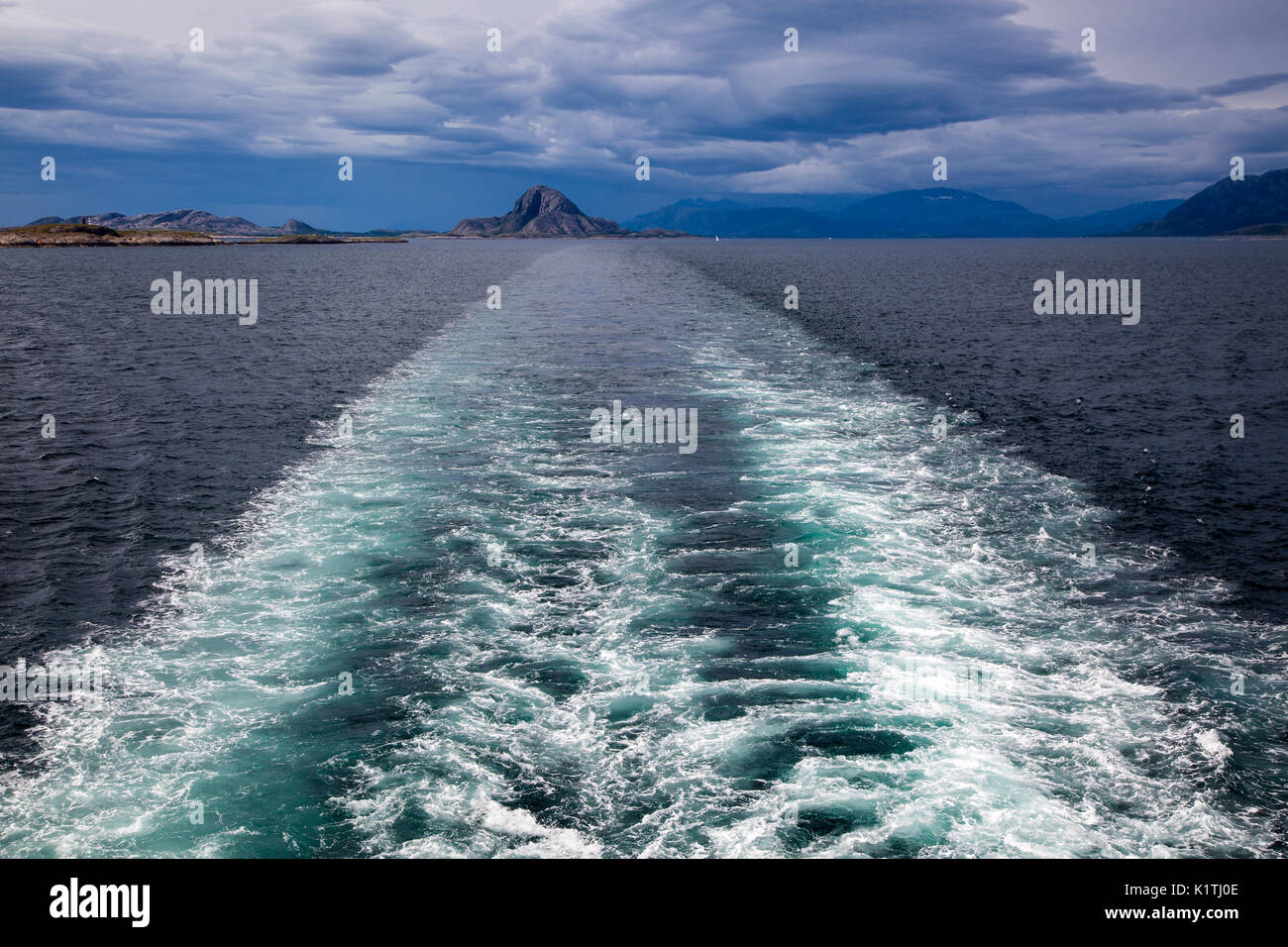 Ship's wake view to Torghatten, Torget island, Brønnøy, Nordland county ...