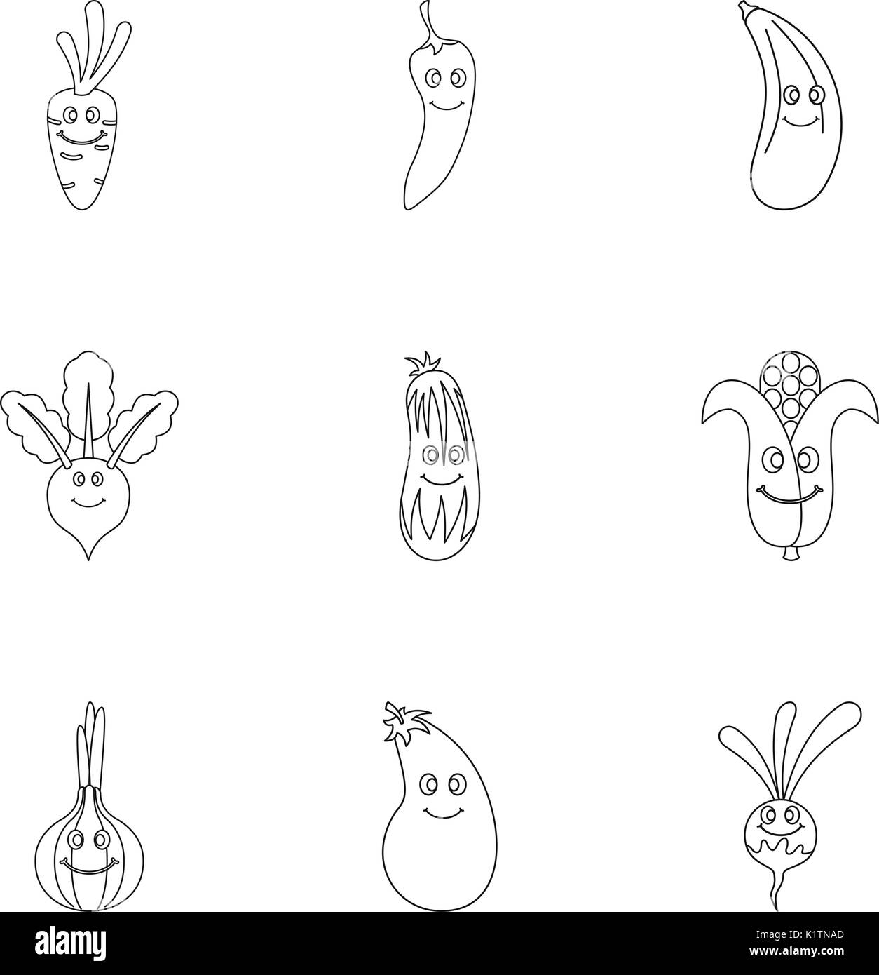 Vegetables character icon set, outline style Stock Vector Image & Art ...