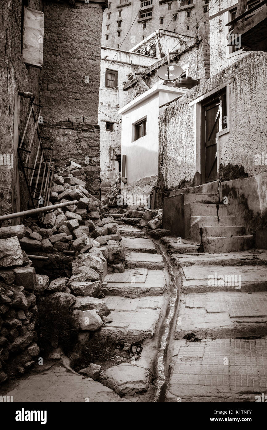 A street in residential area of Leh, Ladakh district of Kashmir, India ...