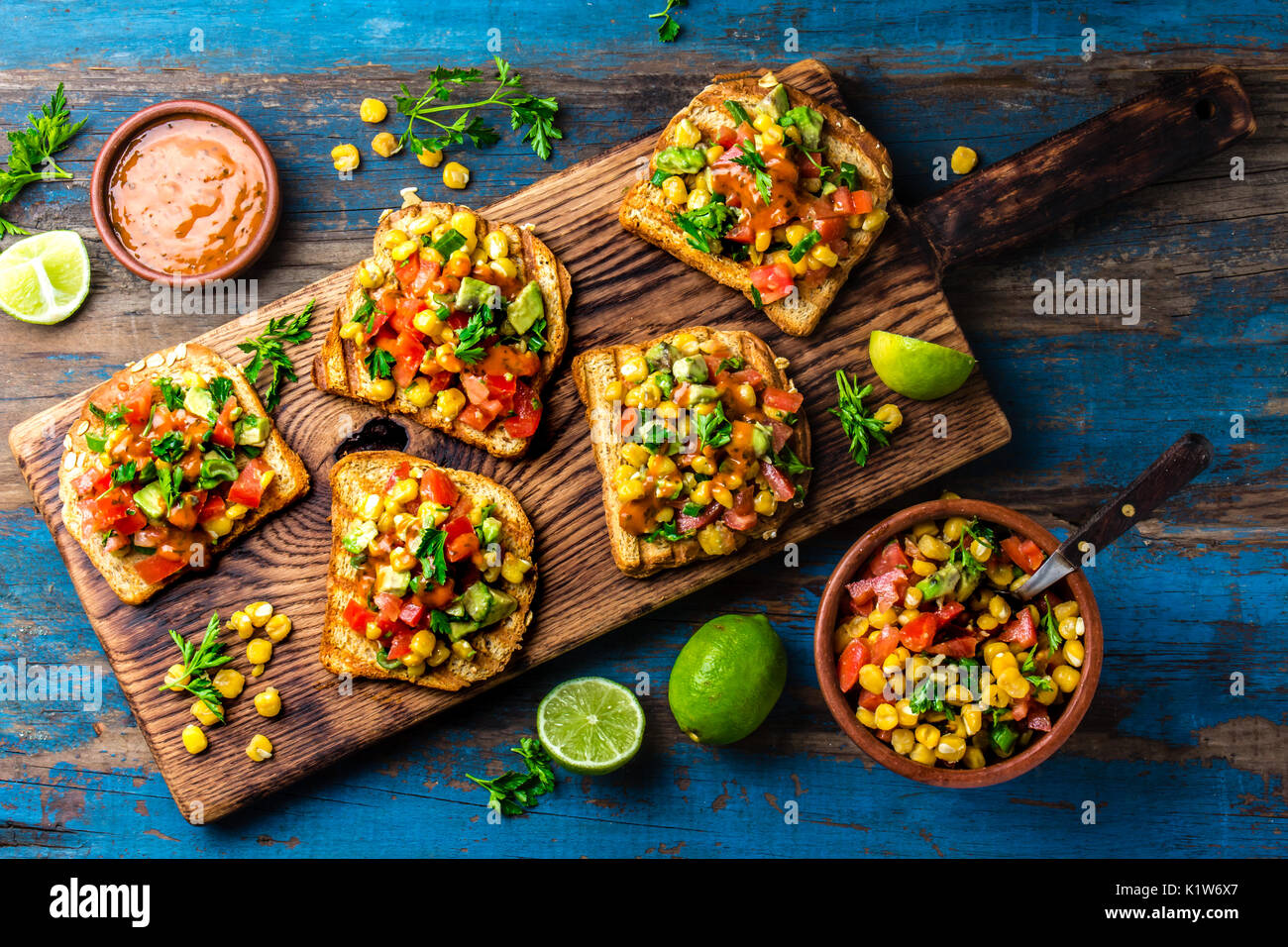 Mexican Latin American style open sandwiches. Vegetarian toasts with ...