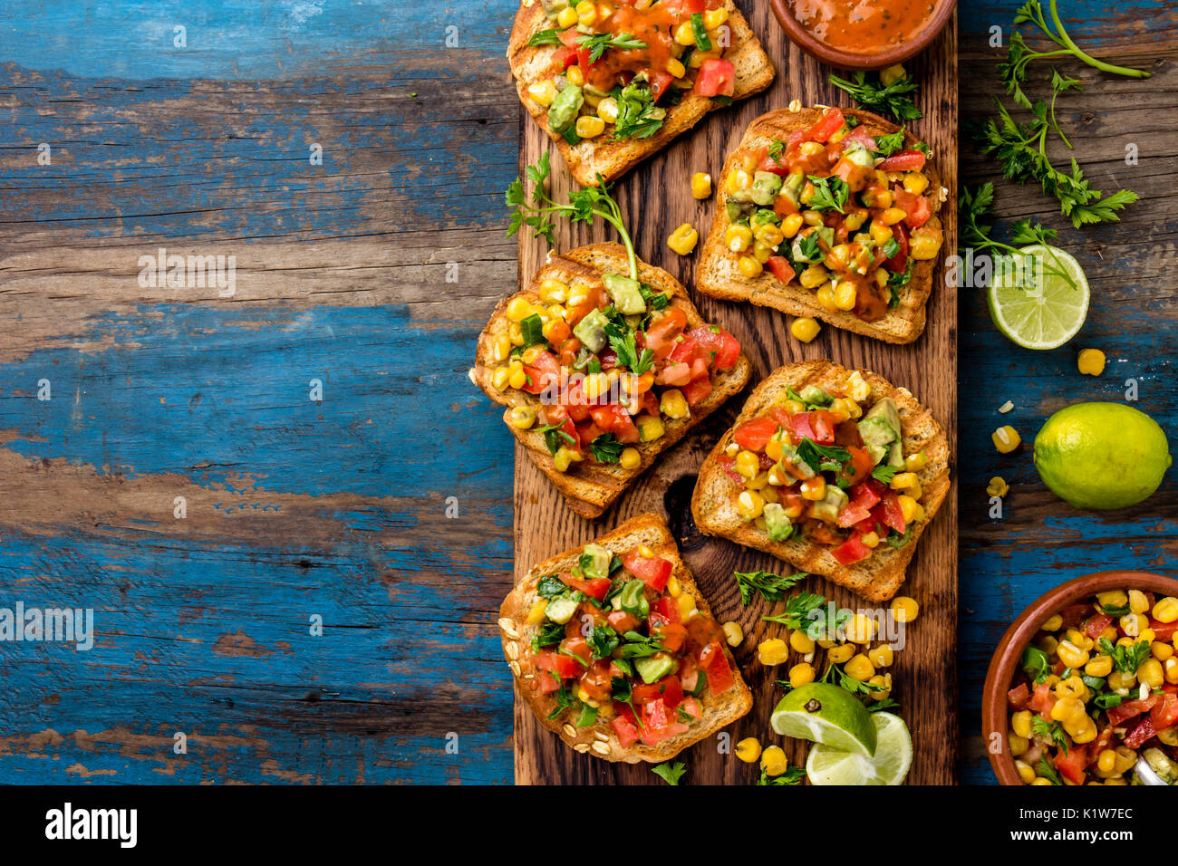 Mexican Latin American style open sandwiches. Vegetarian toasts with ...