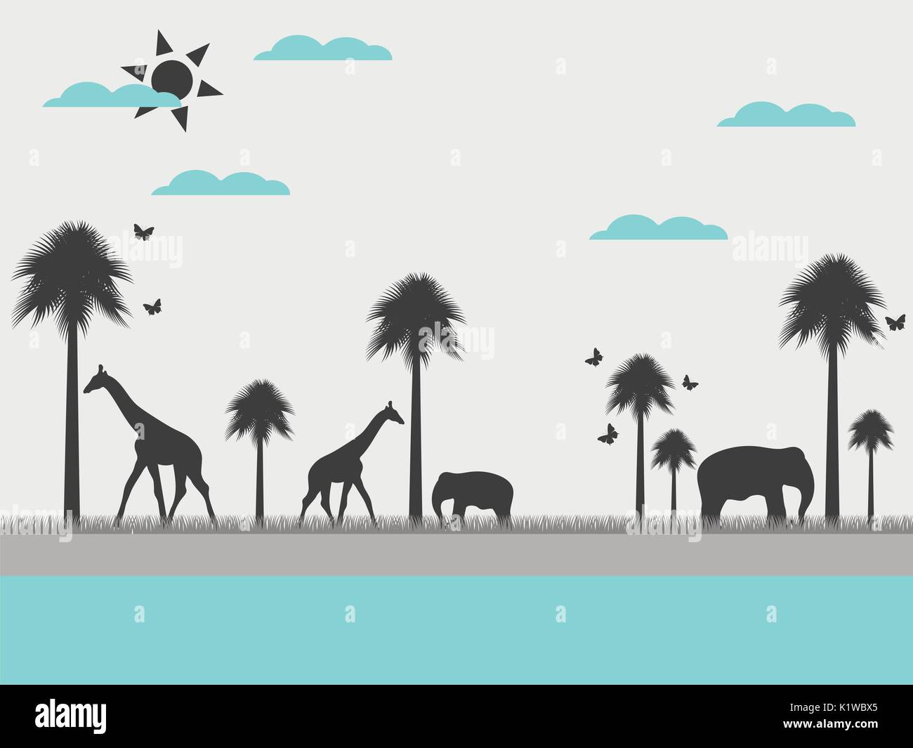 Reserve, landscape with animals, environment day. Wild nature. Vector ...