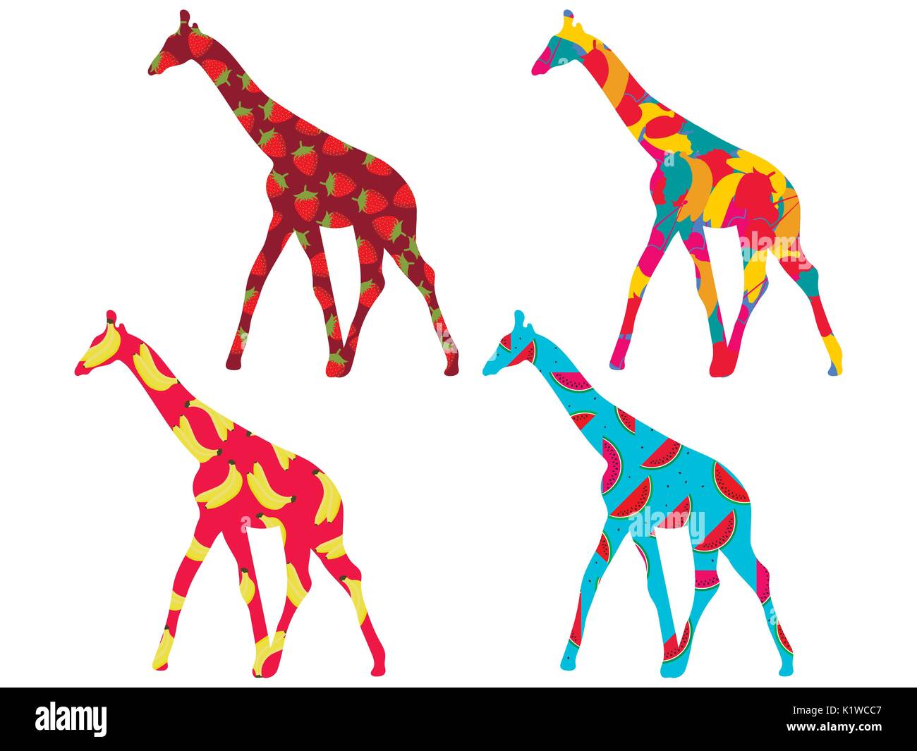 Giraffe with a pattern of berries and fruit isolated on a white ...