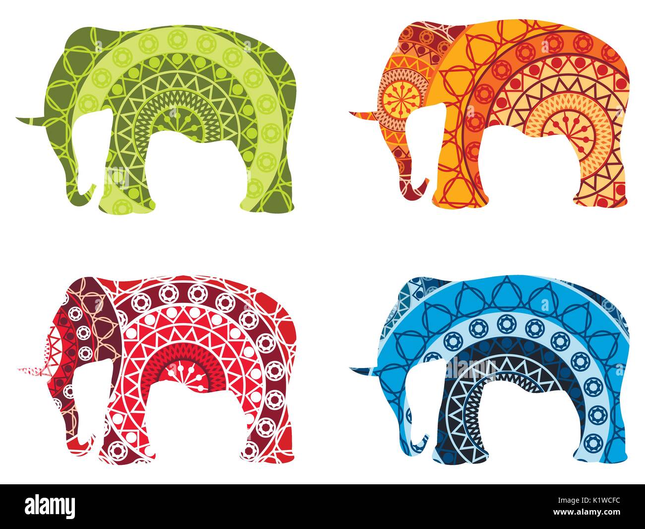 Indian elephant, tibetan mandala pattern. Isolated on white. Set of ...