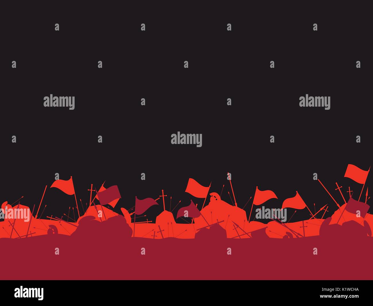 Medieval battlefield. After the battle. Flags, swords, spears and ...