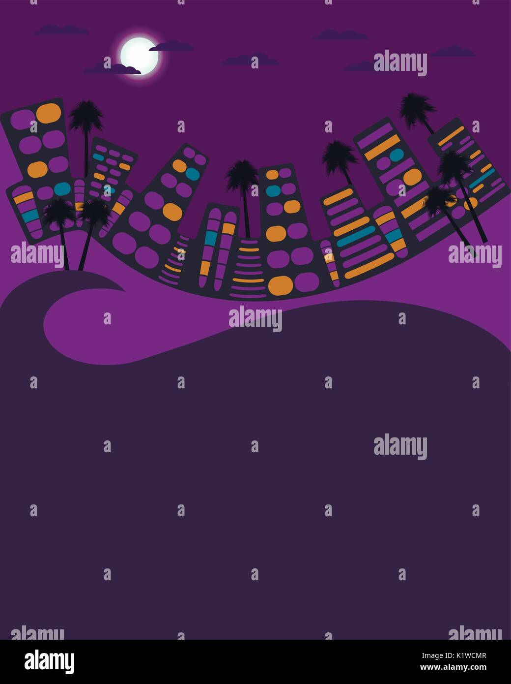 Night city in the style of 80's. City landscape. Space for text. Vector ...
