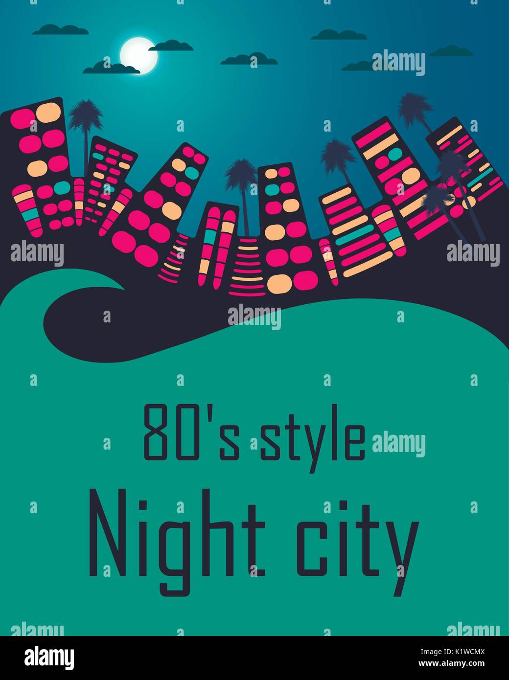 Night city in the style of 80's. City landscape. Space for text. Vector ...