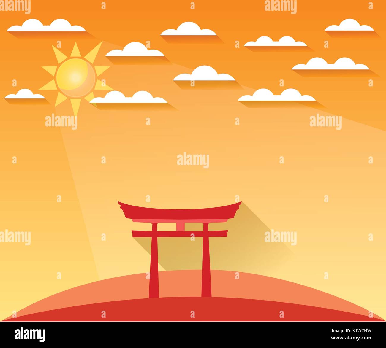 Japan Gate. Torii gate. Shinto. Landscape in a flat style with sun and ...
