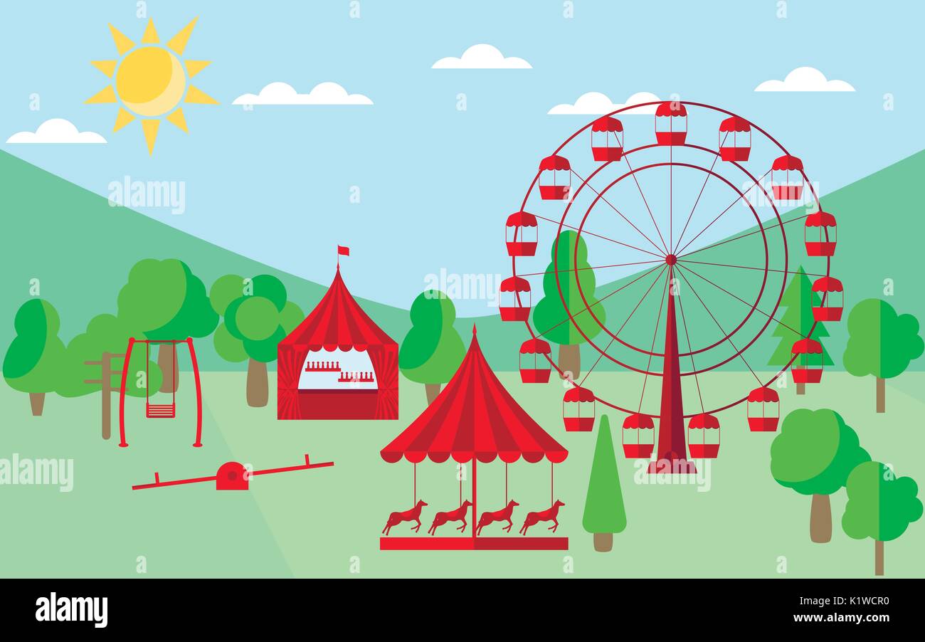 The amusement park flat style. A Ferris wheel, a merry-go-round with ...